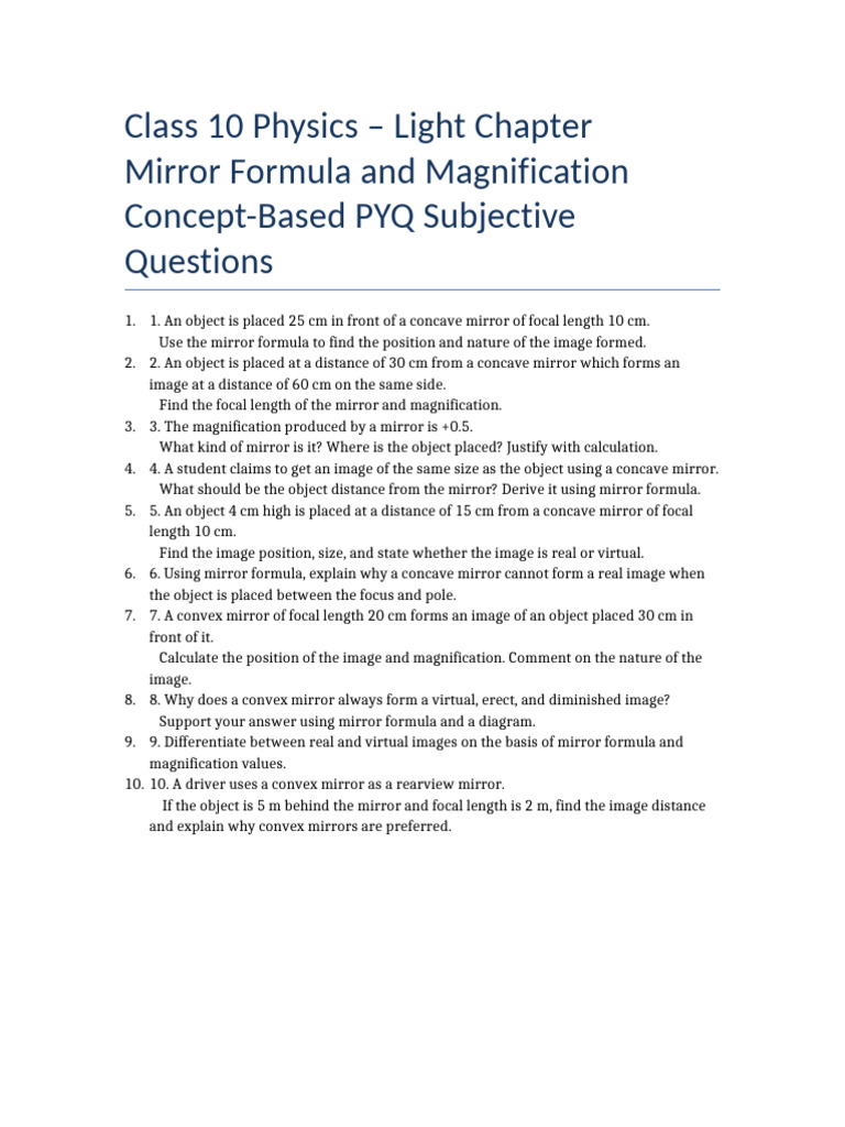 Mirror Formula and Magnification in Class 10 | PDF