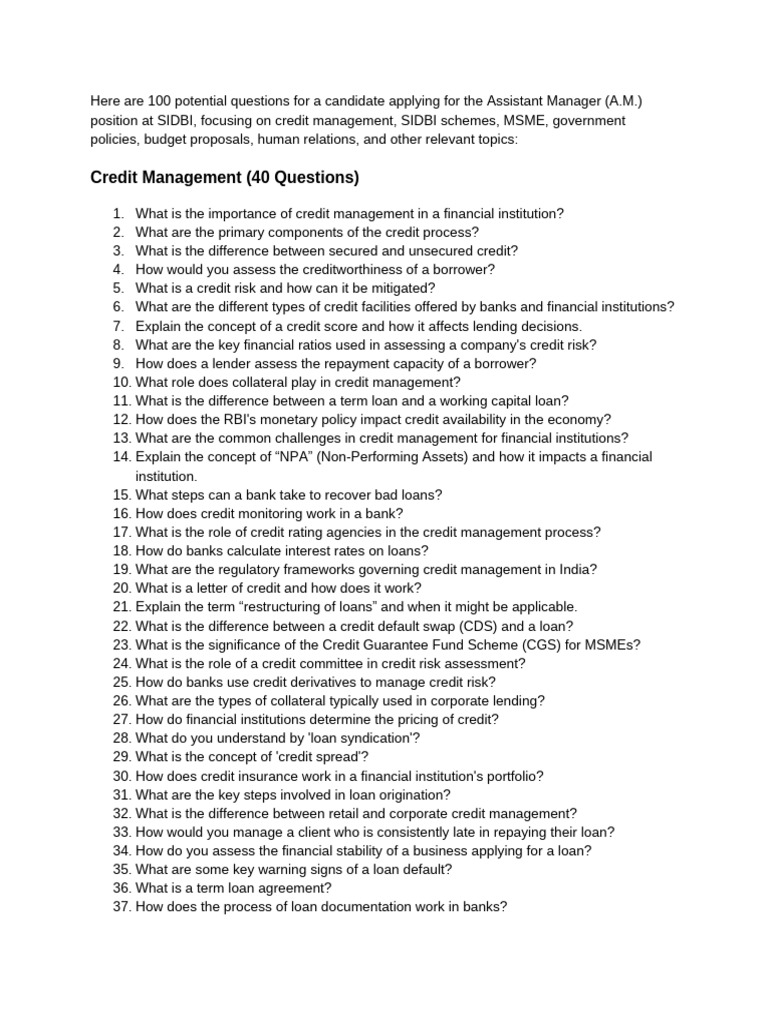 SIDBI INTERVIEW QNS MARCH 25 | PDF | Credit | Finance & Money Management