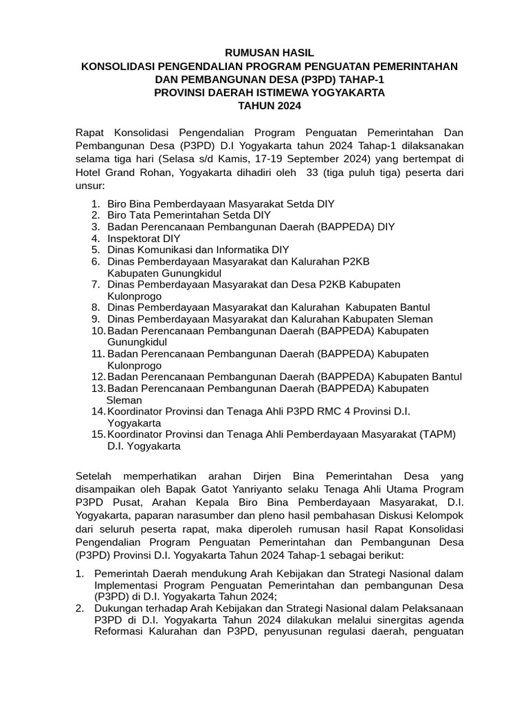 Rumusan Hasil Rapat Konsolidasi Pengendalian P3PD DIY | PDF