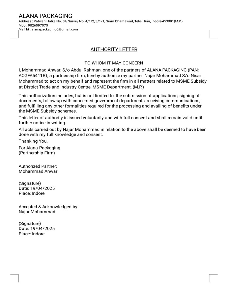 Authority Letter | PDF