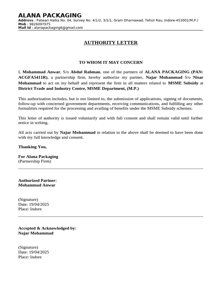 Authority Letter | PDF