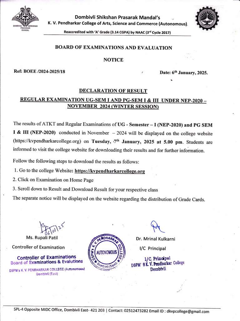 Result Declaration Regular Examination November 2024 UG-SEM I AND PG-SEM I & III Under NEP-2020 ...