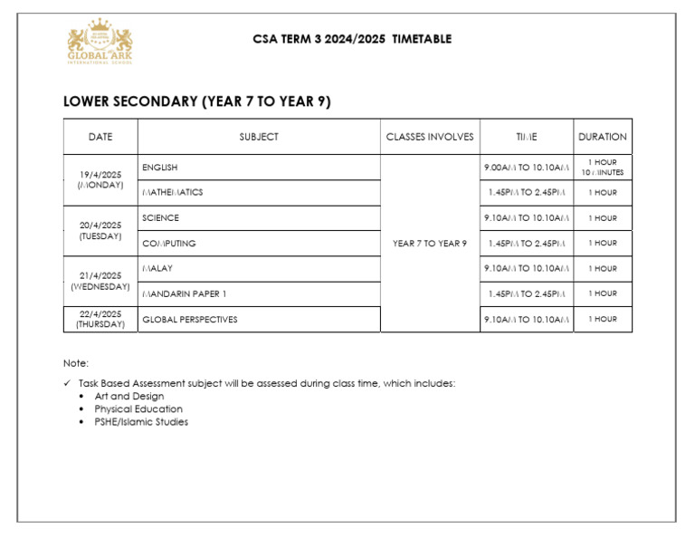 Year 7 To Year 9 CSA Term 3 Timetable For Students | PDF