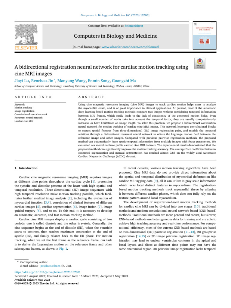 A Bidirectional Registration Neural Network For Cardiac Motion Tracking Using Cine MRI Images ...