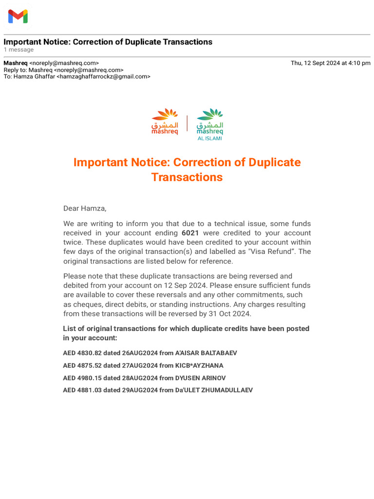 Gmail - Important Notice - Correction of Duplicate Transactions | PDF