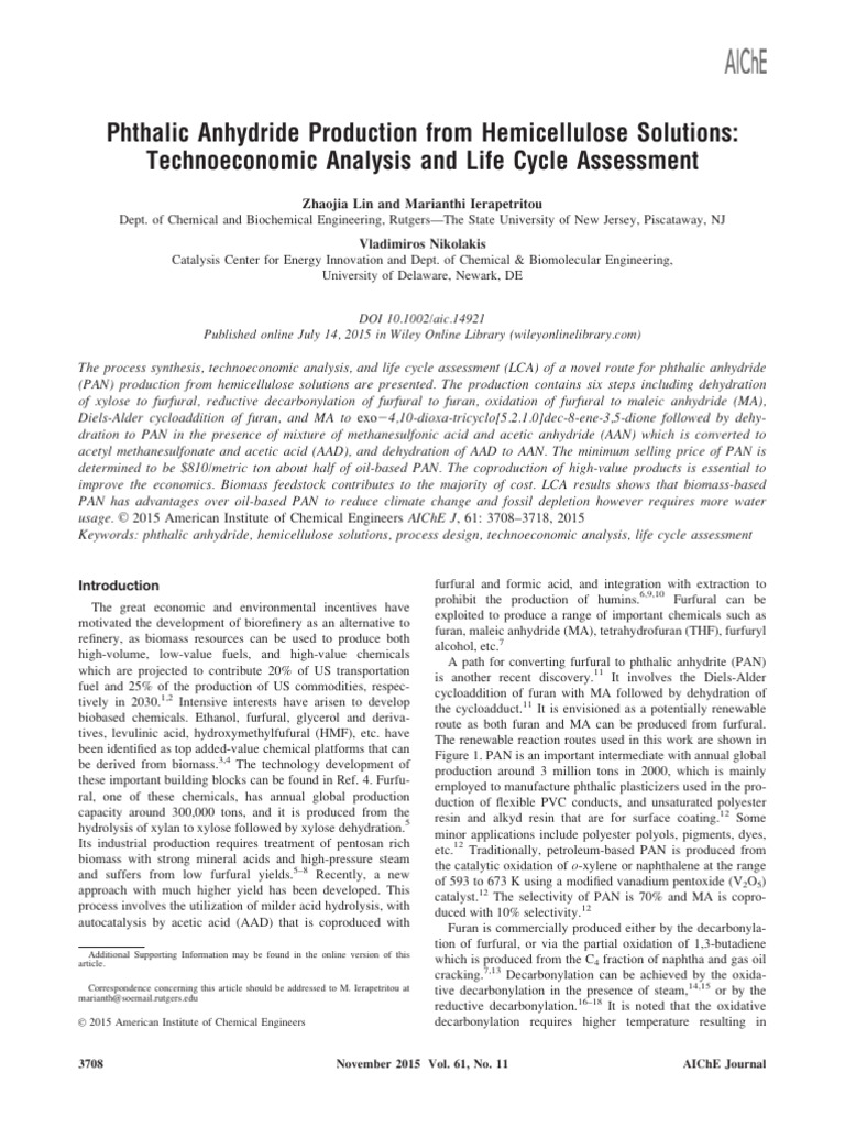 AIChE Journal - 2015 - Lin - Phthalic Anhydride Production From Hemicellulose Solutions ...
