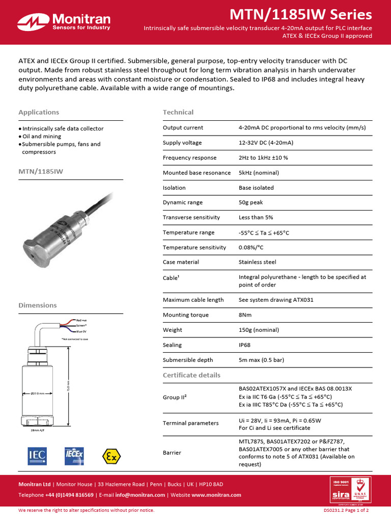 Vibration Sensor 1185IW - (ATEX) | PDF | Equipment | Manufactured Goods