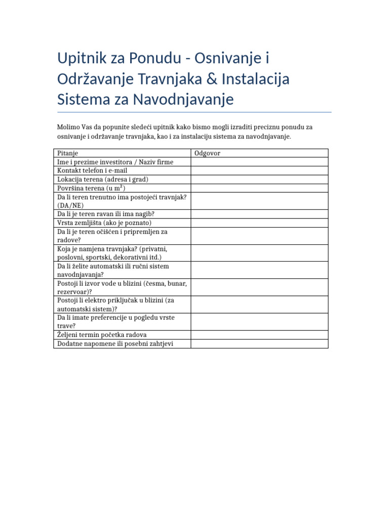 Upitnik Za Ponudu Travnjak Navodnjavanje | PDF