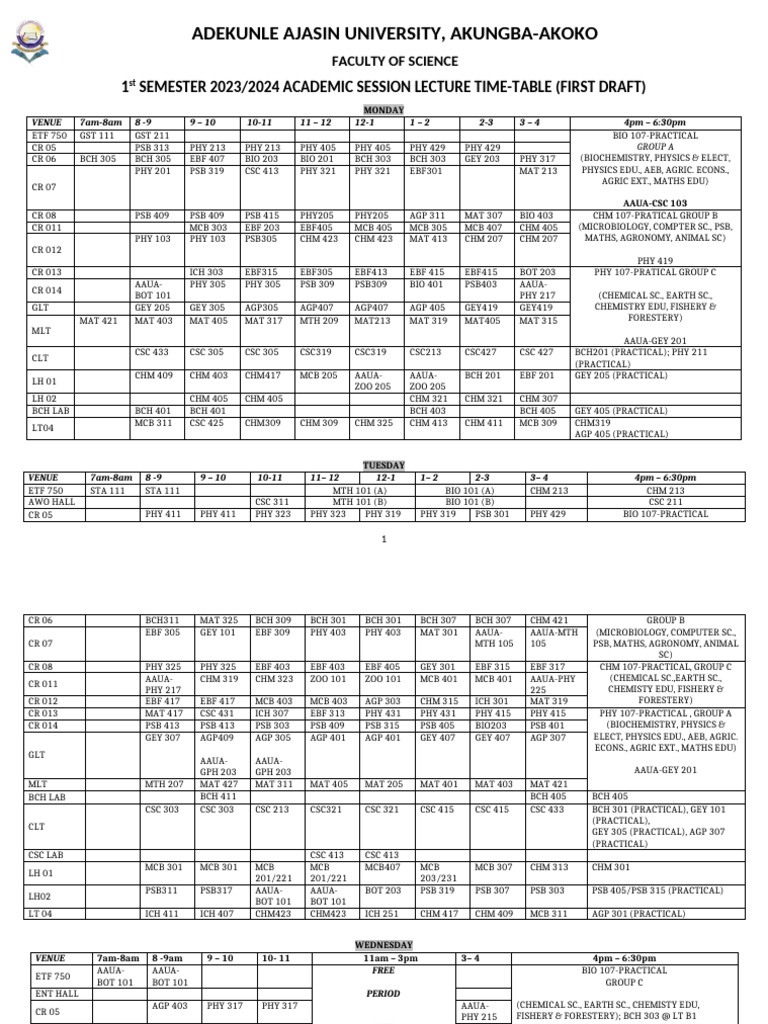 AAUA 2023/2024 Science Timetable | PDF