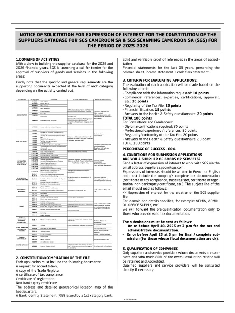 Appel d'offres fournisseurs SGS Cameroun 2025-2026 | PDF