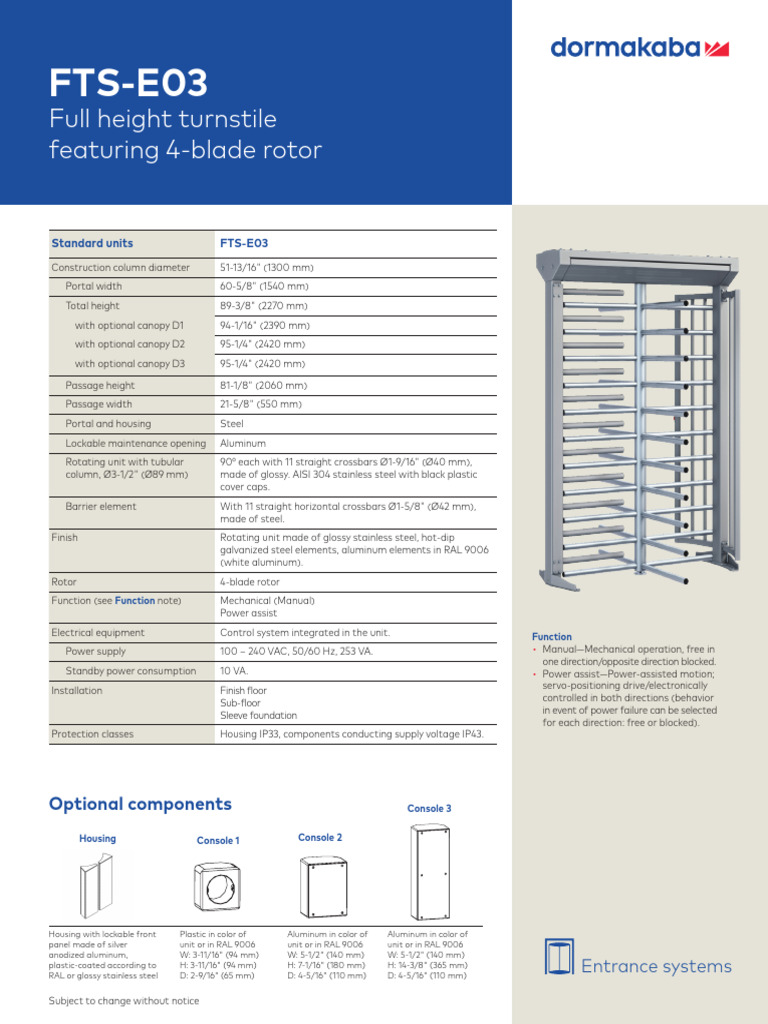 FTS-E03 Full Height Turnstile Specs | PDF | Electricity | Electrical ...