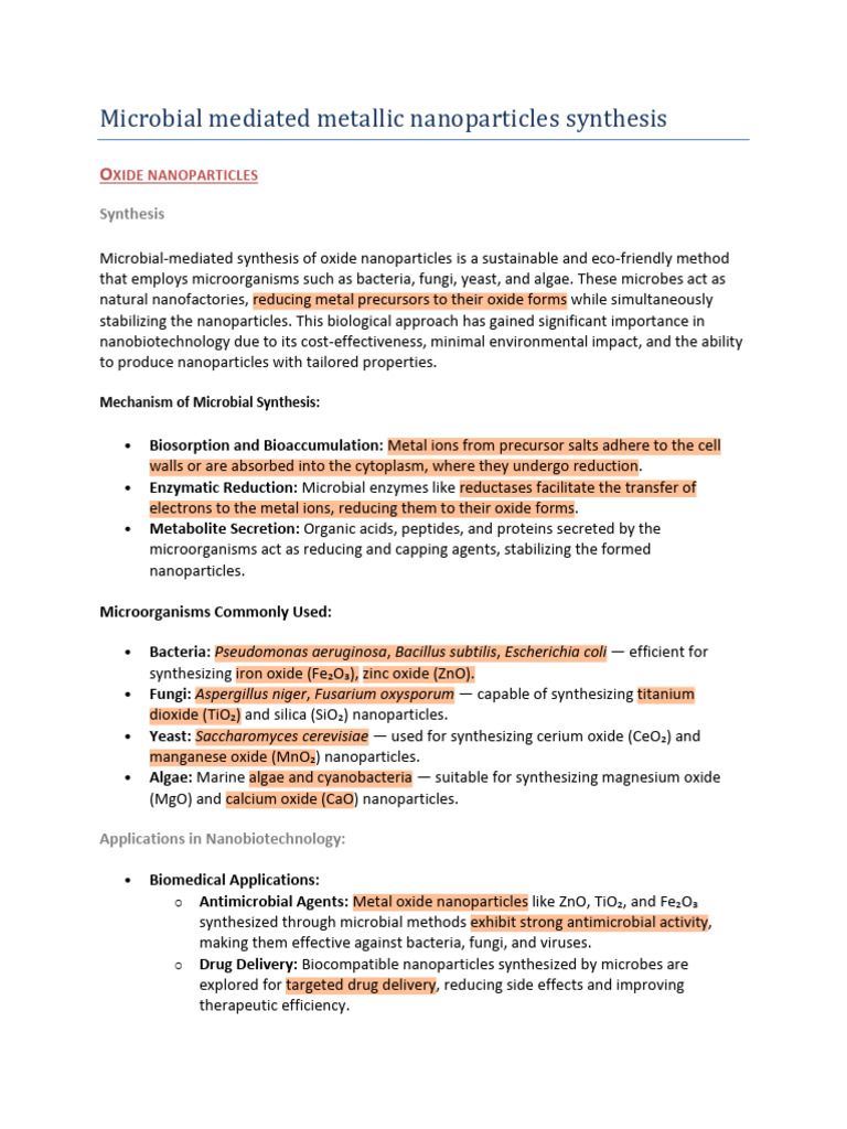 Microbial Mediated Metallic Nanoparticles Synthesis | PDF ...