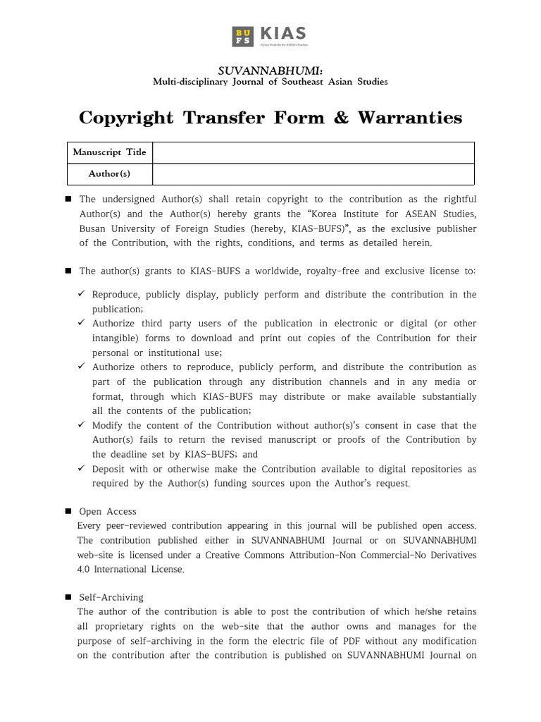 Copyright Transfer Form Warranties KIAS-BUFS | PDF | Copyright | Open Access