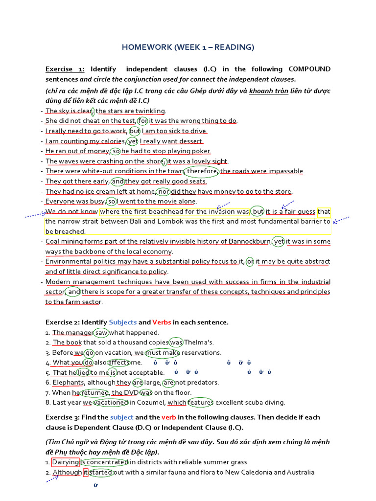 READING WEEK 1 EXERCISE - Subject and Verb Identifying Exercises | PDF | Grammar | Language ...