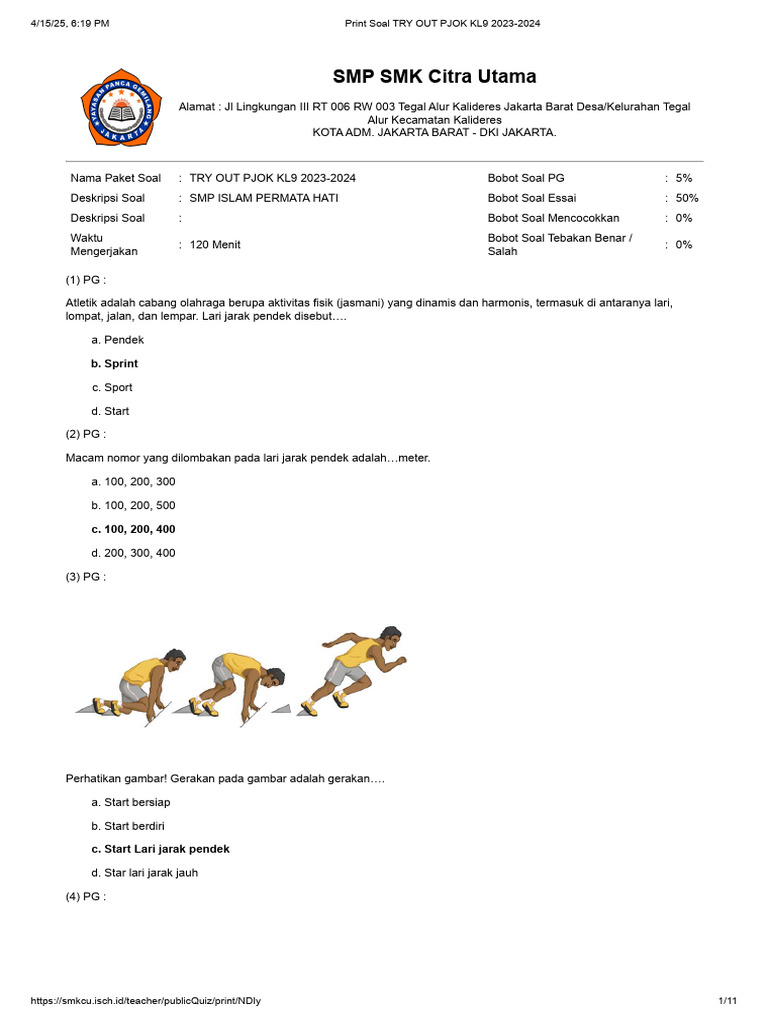 Soal TRY OUT PJOK KL9 2023-2024 | PDF