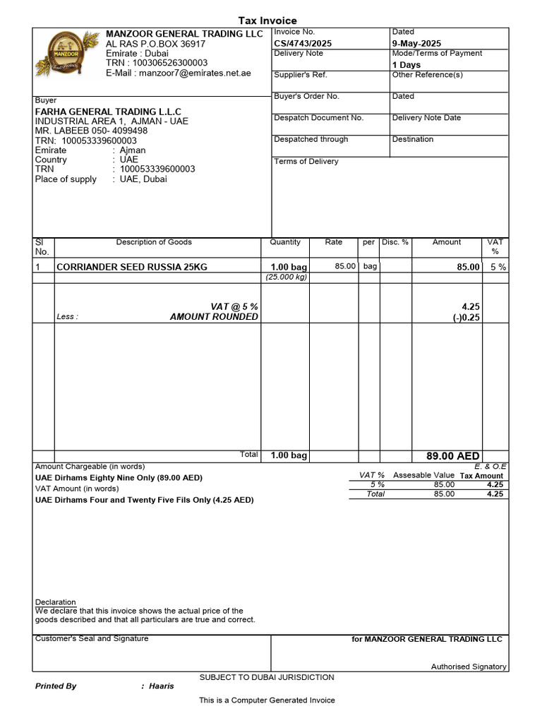 Tax Invoice from Manzoor Trading LLC | PDF | United Arab Emirates | Invoice
