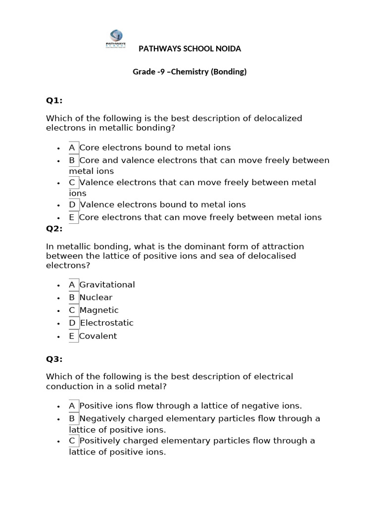 Worksheet - Metallic Bonding | PDF
