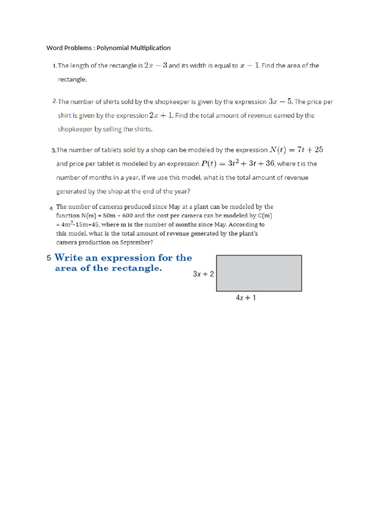 Word Problems - Multiplication of Polynomial | PDF