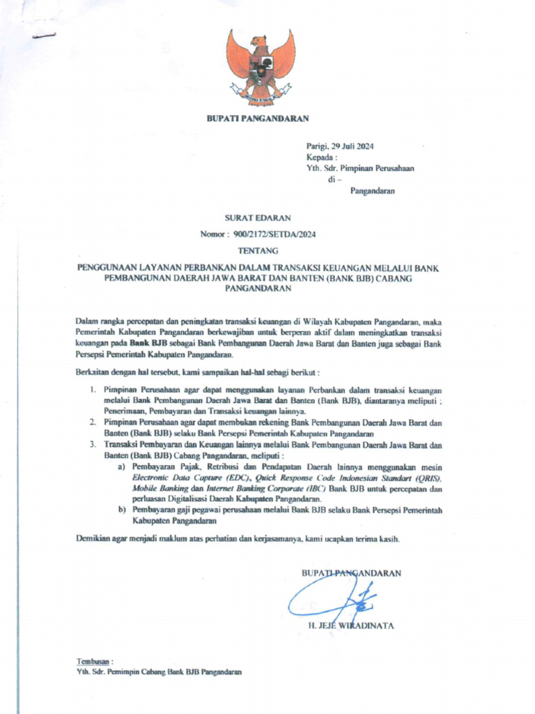 Surat Edaran Bupati Pangandaran Hmbauan Penggunaan Rekeningn Bank BJB | PDF