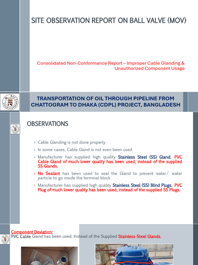 Report On Ball Valve (MOV) - Non-Conformance Report - Improper Cable ...
