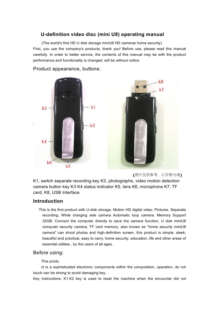Mini U8 Camera Operating Manual | PDF | Battery (Electricity) | Usb