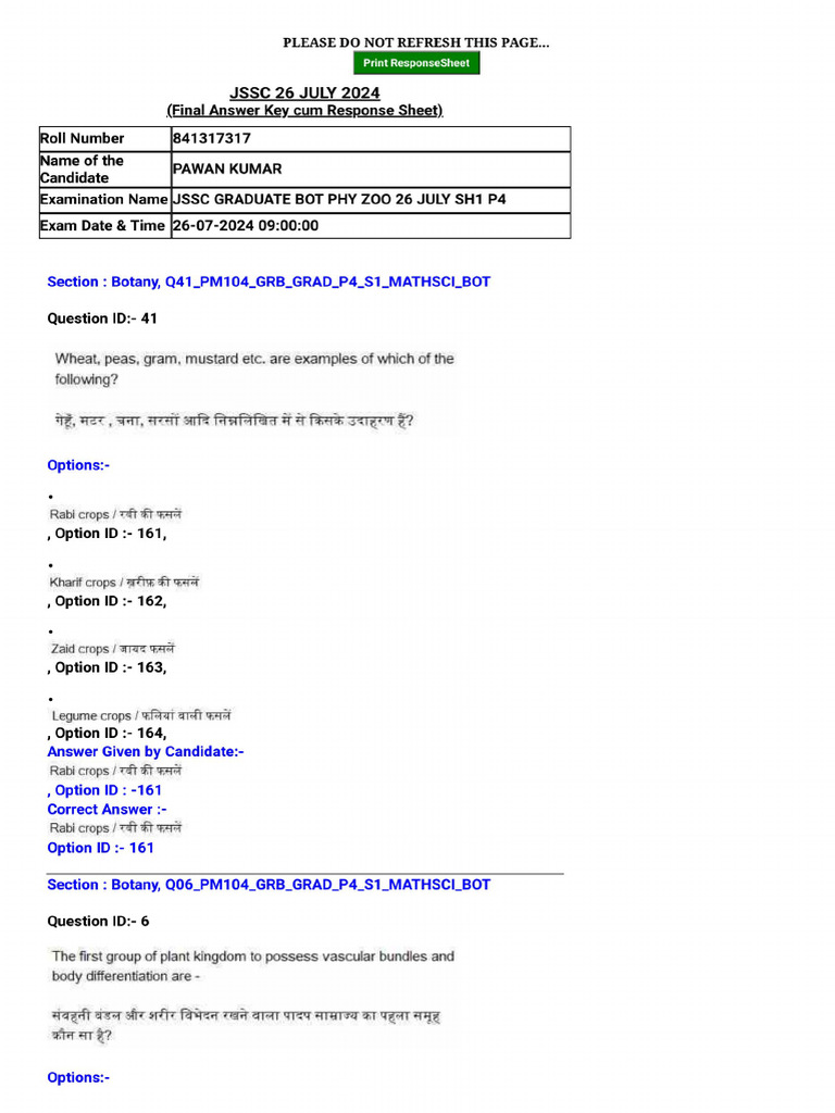 JSSC Bio Chem Put 6 To 8 Answer Key | PDF