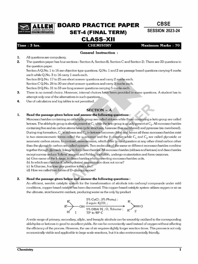 Chemistry Class XII Paper 4 (SC) | PDF