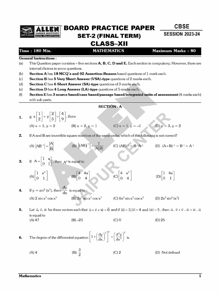 Mathematics Class XII Paper 2 (SC) | PDF