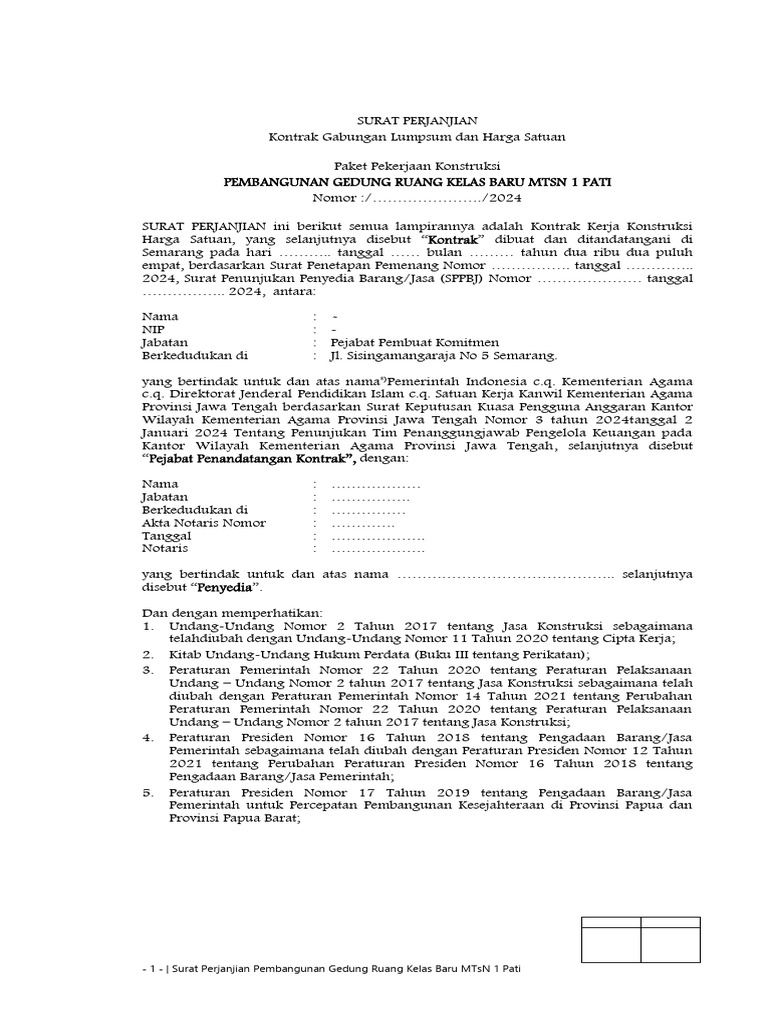 Rancangan Kontrak MTsN 1 tender. review final | PDF