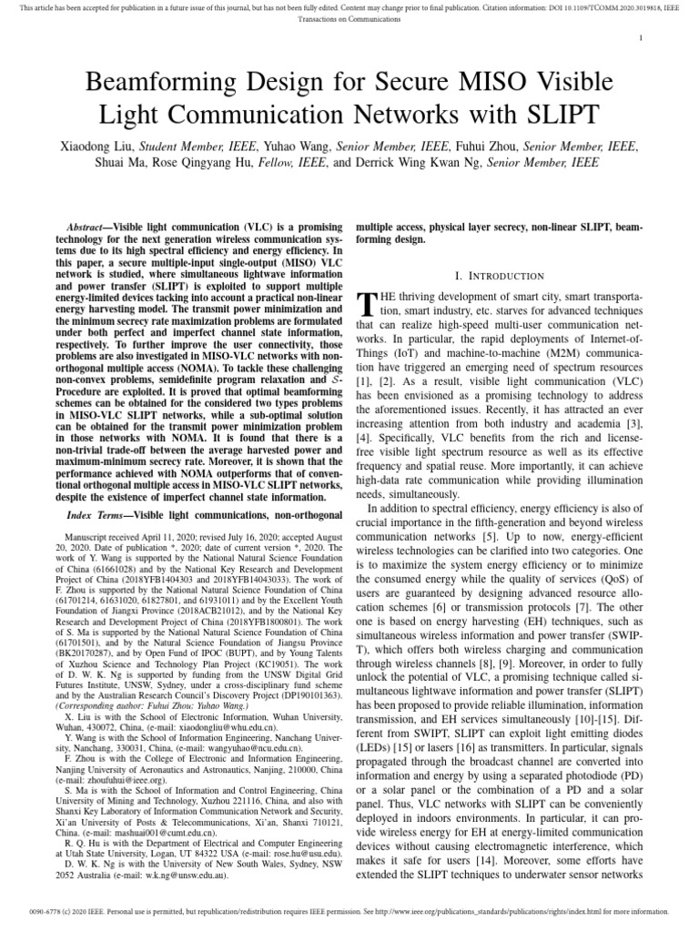 92-Beamforming Design for Secure MISO Visible Light Communication Networks With SLIPT | PDF ...