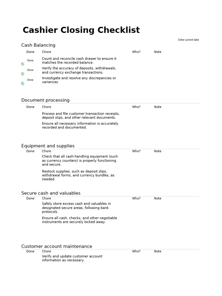 Cashier Closing Checklist Template | PDF | Cash