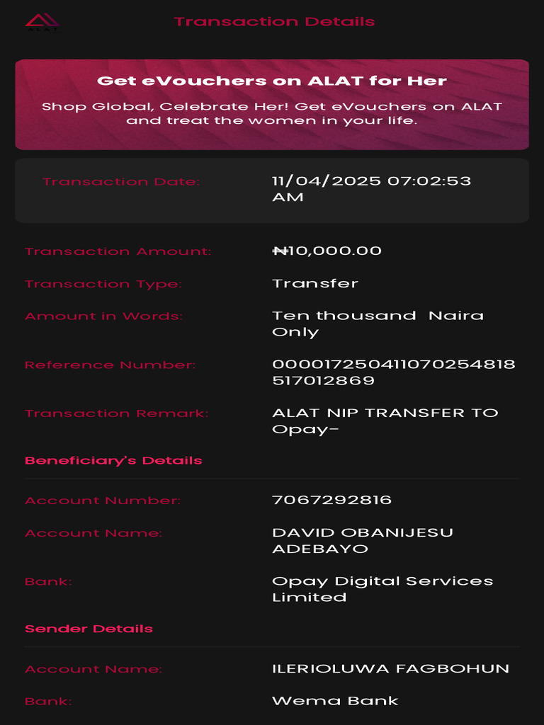ALAT Transfer Receipt - DAVID OBANIJESU ADEBAYO - 7067292816 - 10,000. ...