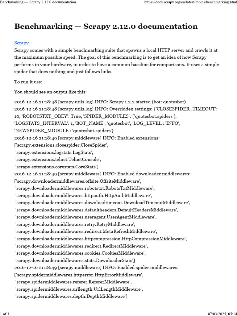 Benchmarking - Scrapy 2.12.0 Documentation | PDF | Hypertext Transfer Protocol | Data
