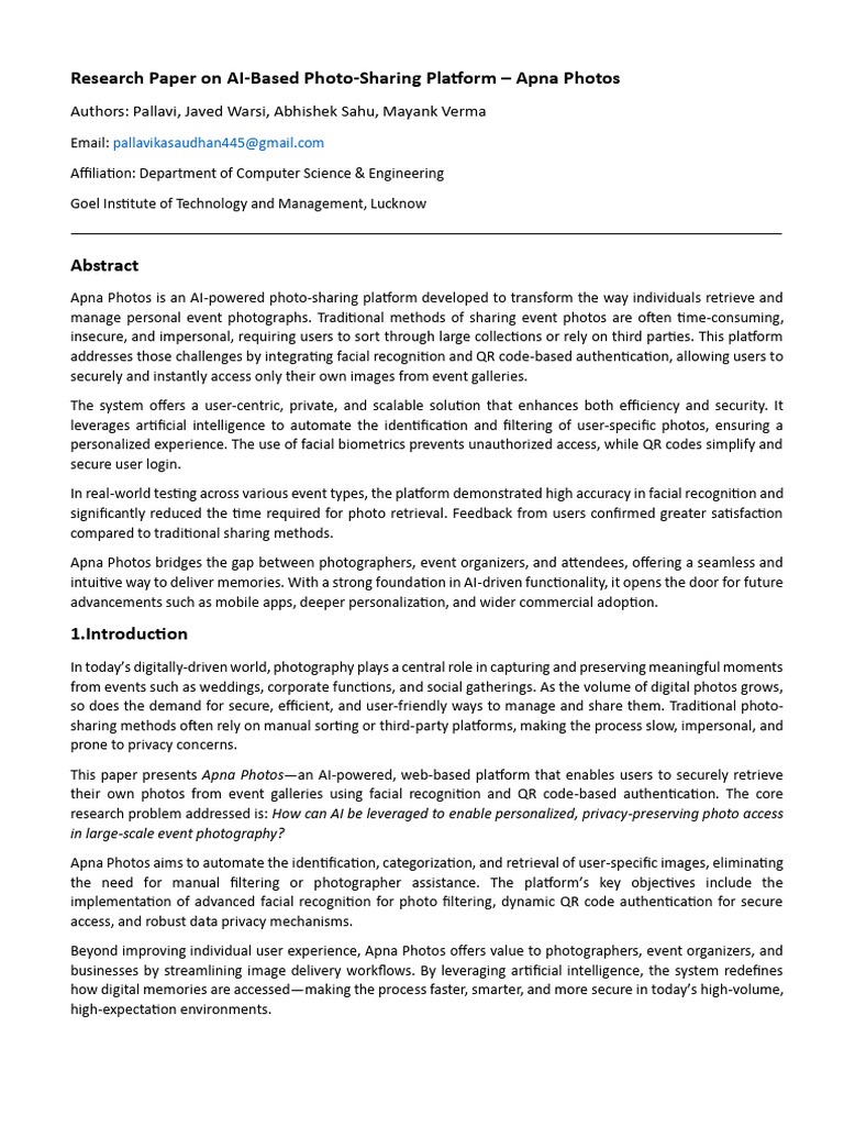 Research Paper On Apna Photos | PDF | Authentication | Artificial Intelligence