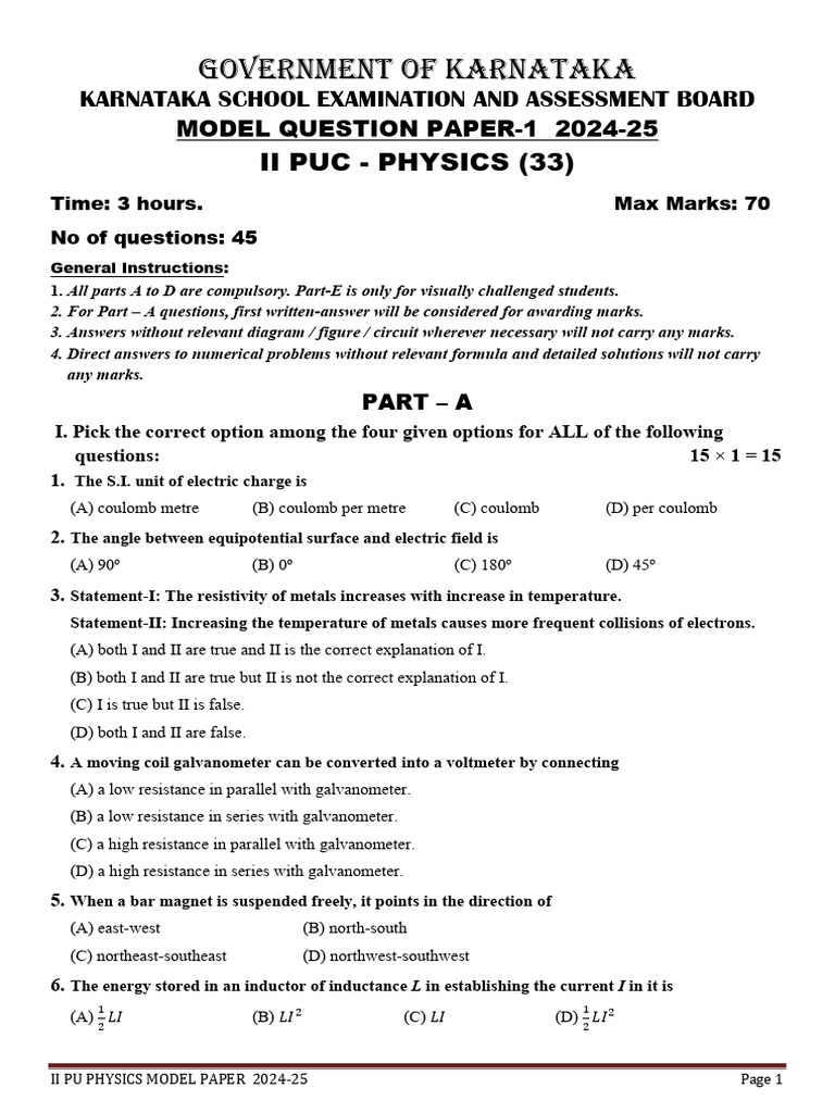 2025 Karnataka 2nd PUC Physics Model Paper | PDF | Photoelectric Effect ...