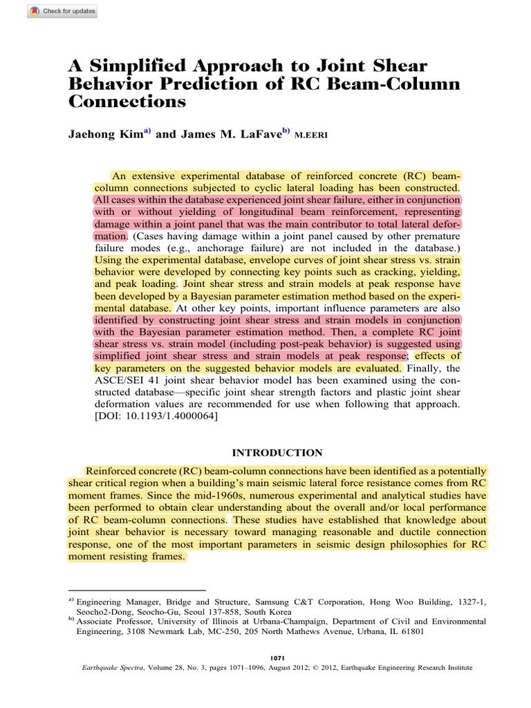 Kim (2012) A Simplified Approach To Joint Shear Behavior Prediction of RC Beam-Column ...