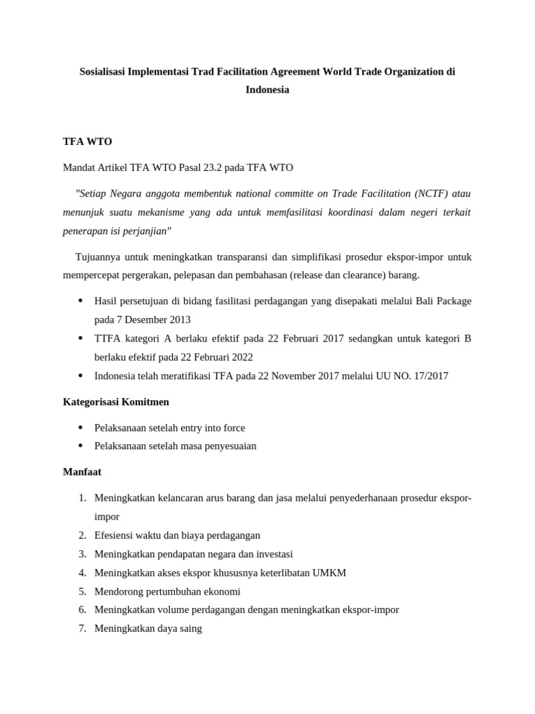 Implementasi TFA WTO di Indonesia 2023 | PDF