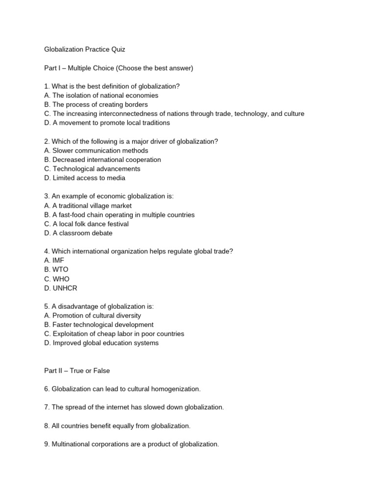 Globalization Practice Quiz and Answers | PDF