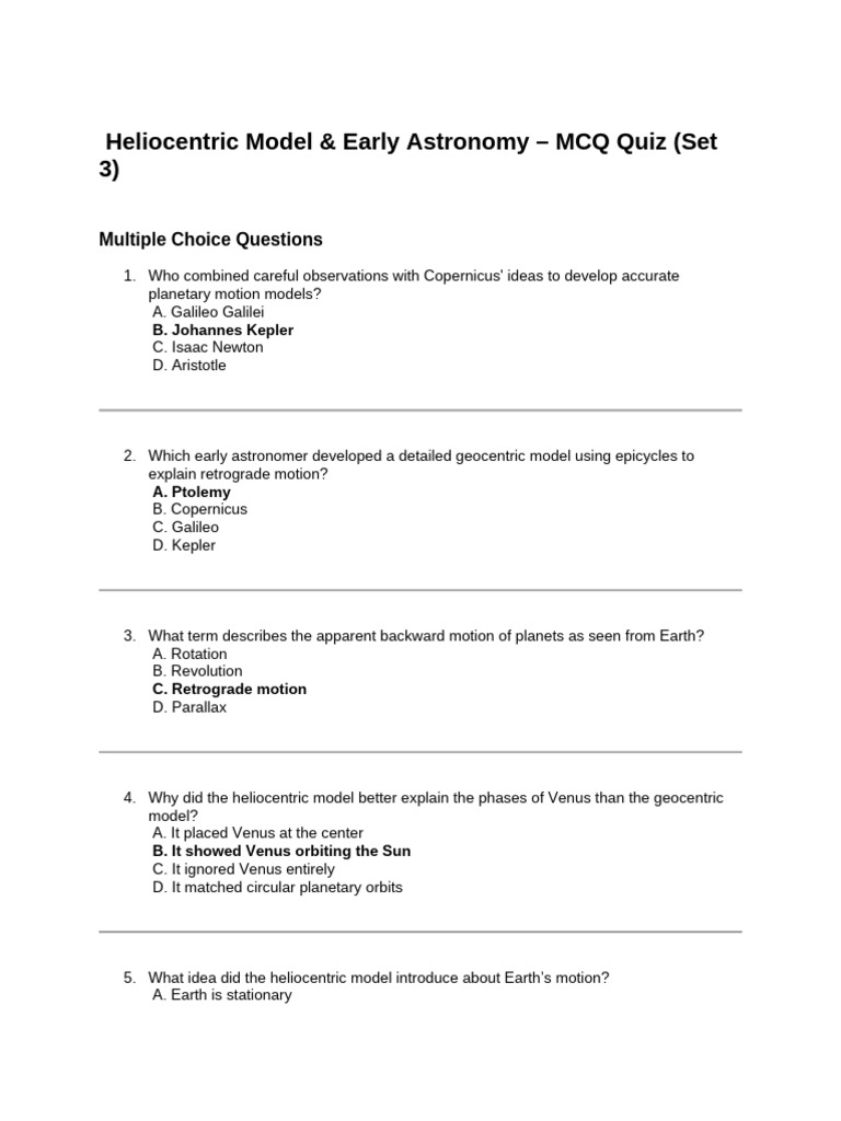 Heliocentrism MCQ Quiz: Early Astronomy | PDF