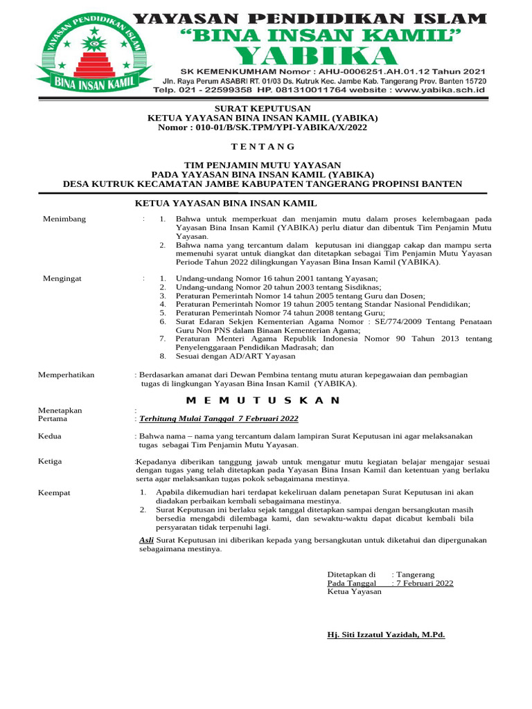 Sk Yayasan Tim Penjamin Mutu | PDF