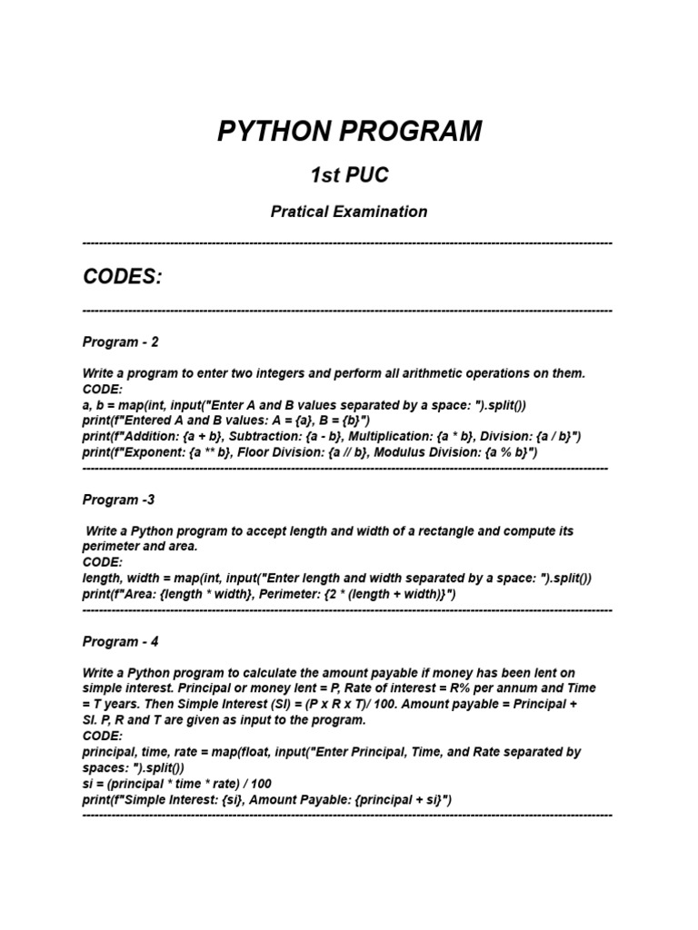 1st PUC Python Lab Programs Guide | PDF | Integer (Computer Science) | Area