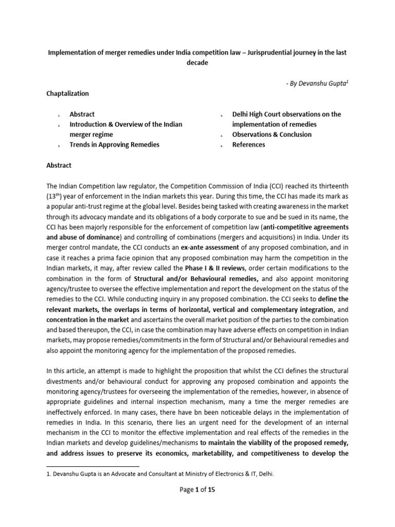 Merger Control India Under CCI | PDF | Mergers And Acquisitions ...