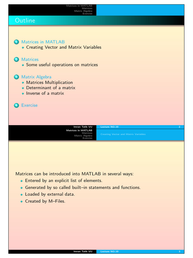 MATLAB (Lecture 3+4) | PDF | Matrix (Mathematics) | Matlab