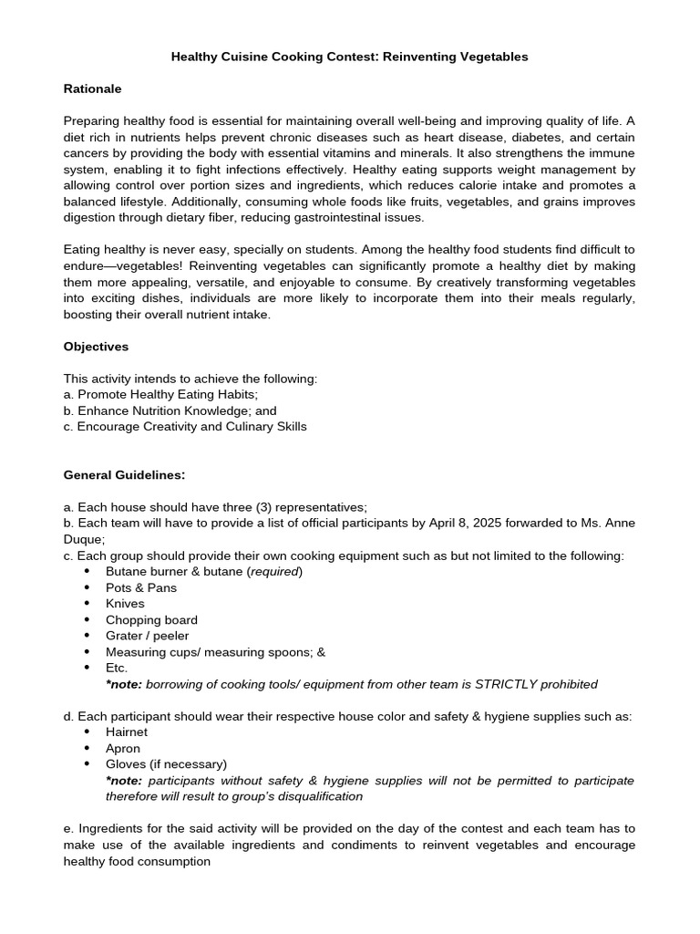 Healthy Cuisine Cooking Contest Guidelines | PDF | Healthy Diet | Diet ...