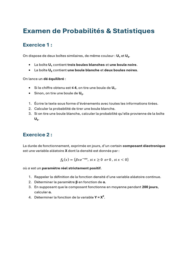 Probabilités et Statistiques : Exercices Résolus | PDF