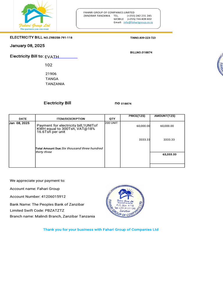Electricity Bill Statement - Tanga, Tanzania | PDF