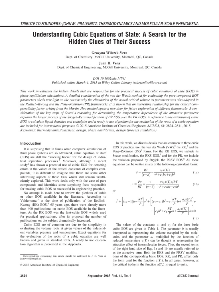Understanding Cubic Equations of State - A Search For The Hidden Clues ...