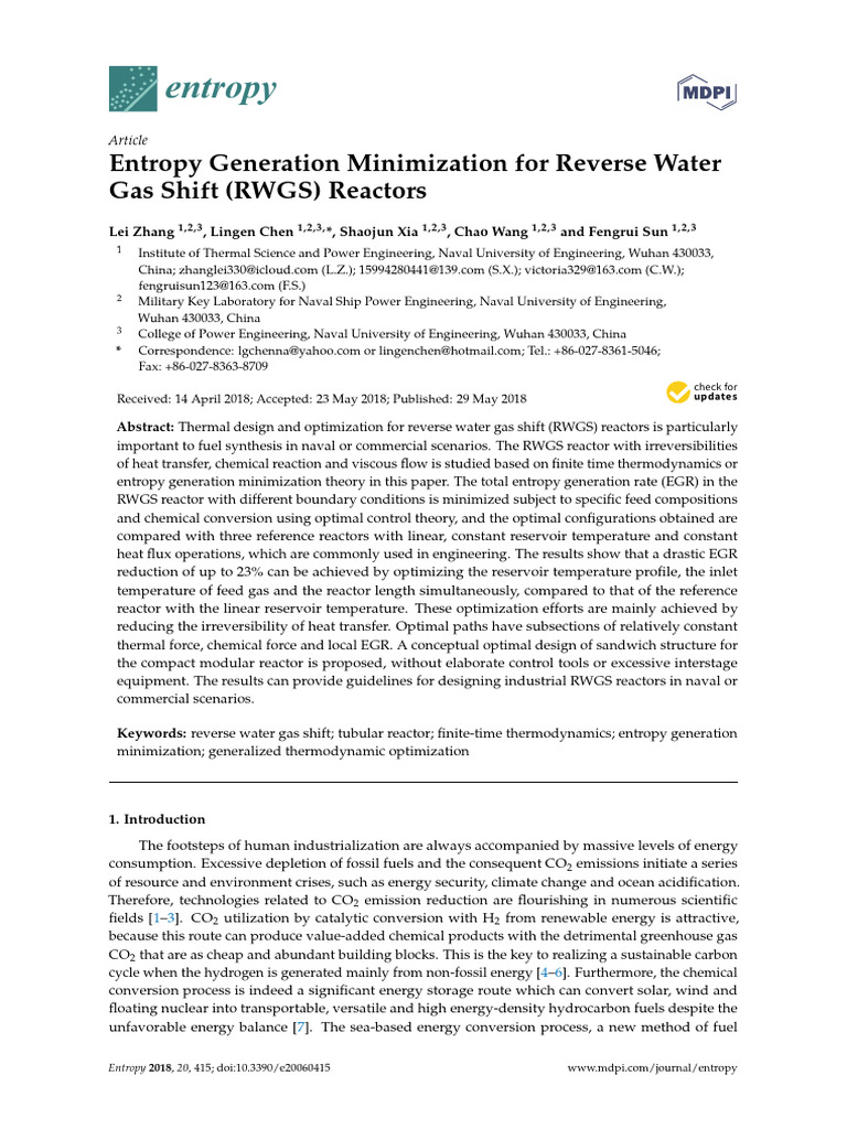 Minimized Entropy in RWGS Reactors | PDF | Heat | Entropy
