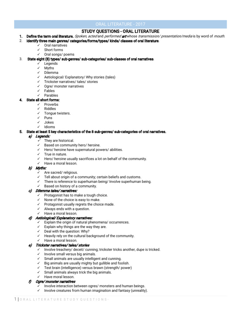 Oral Lit Summarised Notes | PDF