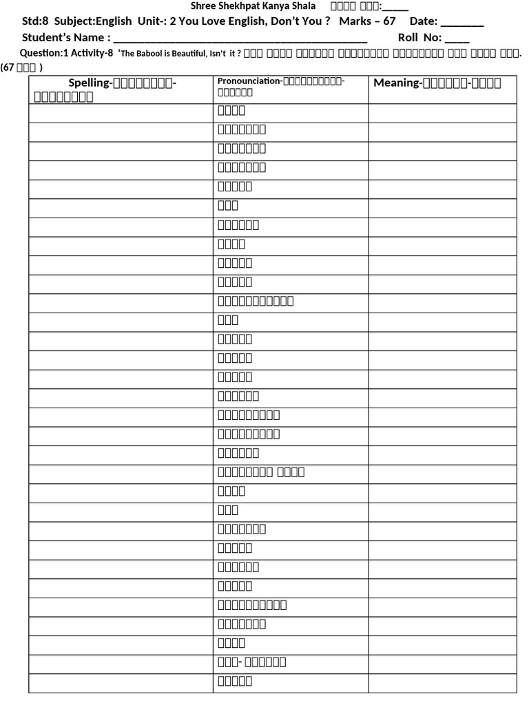 STD 8 Spelling Unit-2 Sem-2 | PDF